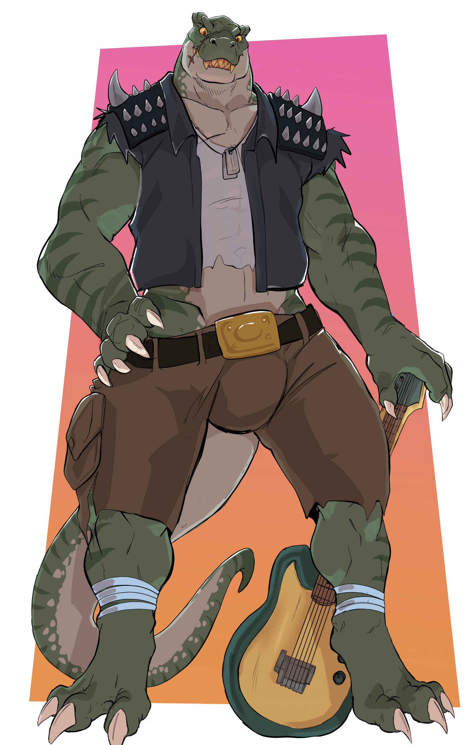 Rule 34 Absurd Res Anthro Anthro Only Belt Bottomwear Clothing Dinosaur Grin Guitar Hi Res